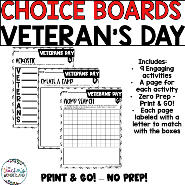 Veteran's Day Menus - Choice Boards and Activities- 3rd - 5th Grade - A ...